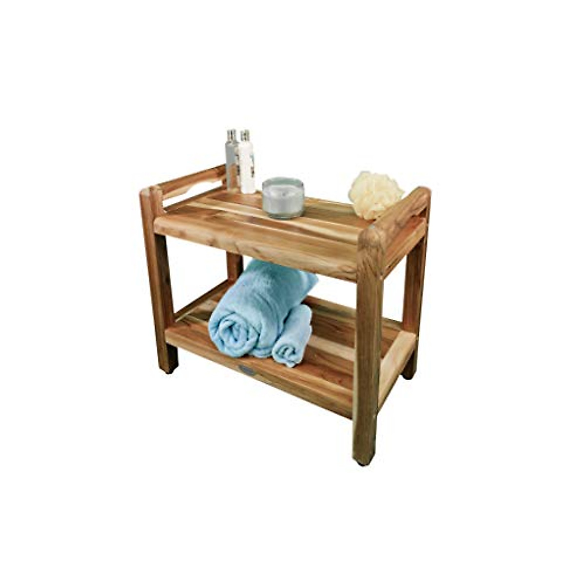 EcoDecors Eleganto Earthy Teak Shower Bench 2-Tier Wooden Seat Spa Shower Stool with Storage Shelf and LtAide Arms,for Indoor and Outdoor- 24 Inches