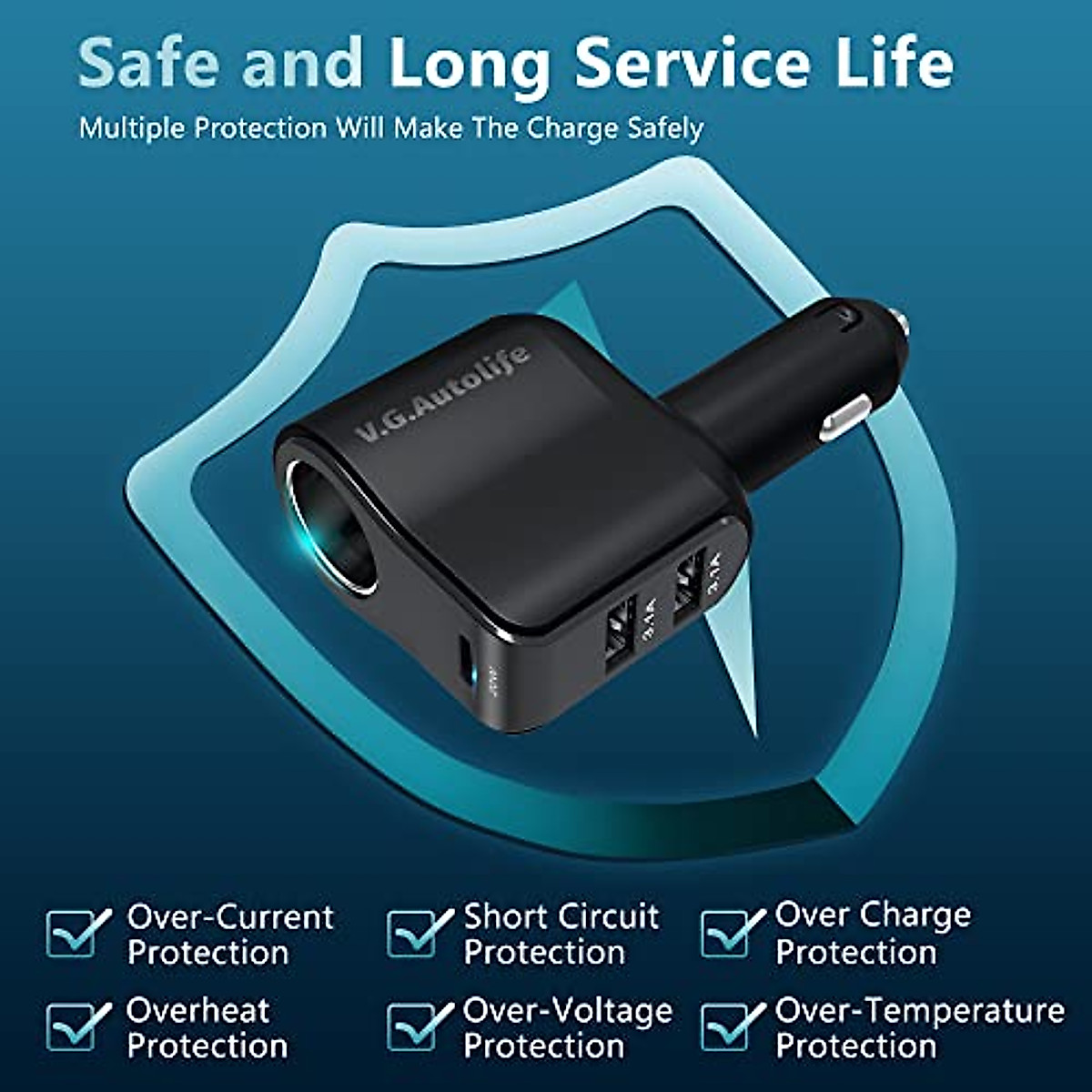 Car Cigarette Lighter Adapter PD 20W Charger Extension,Dual USB 5V/3.1A Socket Splitter with PD 20W USB-C Fast Charge and Double USB and Voltage Meter, Cigarette Lighter fit for 12V/24V Outlet