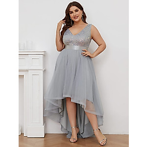 Ever-Pretty Womens Double V Neck A Line High Low Sequin Tulle Plus Size Formal Dresses for Curvy Women Silver US16