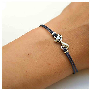 Yheakne Boho Cat Bracelet Black String Bracelet Double Strand Leather Cord Bracelet Hand Chain Jewelry for Women and Girls Cat Lover Gift
