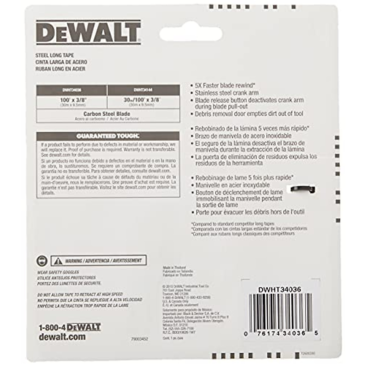 DEWALT Tape Measure, 100-Foot, Self-Lock, Solid Chrome Finish, Rubber Grip (DWHT34036L)