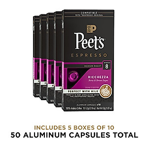 Peet's Coffee, Medium Roast Espresso Capsules, Compatible with Nespresso Original Machine - Ricchezza Intensity 8, 50 Count (5 Boxes of 10 Espresso Capsules)