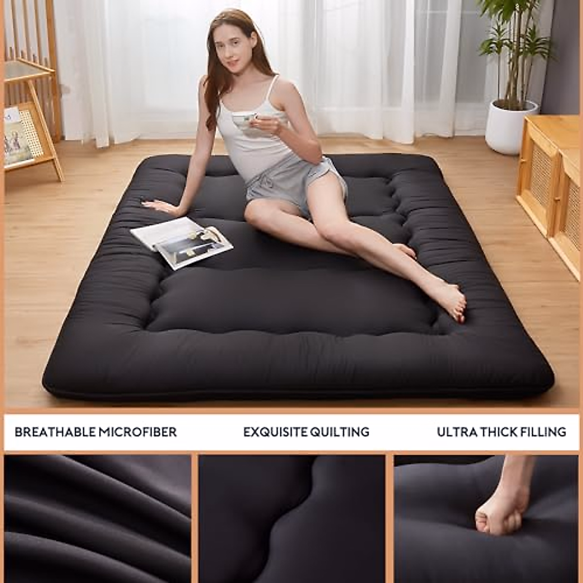 Aigbiot Japanese Futon Floor Mattress Foldable Tatami Mattress, Roll Up Sleeping Mat with Washable Cover for Adults,Child,Guest Twin Full Queen (Twin, Black)