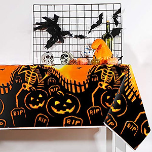 54x72 Inch Halloween Tablecloth Plastic Rectangle Pumpkin Bat Skeleton Picnic Table Cover Waterproof Orange and Black Decorations for Holiday Party Favors Supplies, Wipeable and Reusable (2 Pieces)