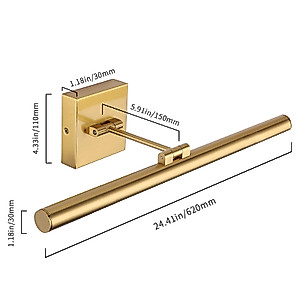 LED Picture Light Fixtures 24.4 Inches, Full Metal Artwork Wall Lamp with Single Swing Arm, 14W (70W Eqv.), Hardwire Connection, Non-Dimmable, 3000K Warm White, CRI80+, Golden-Like Brass Finish