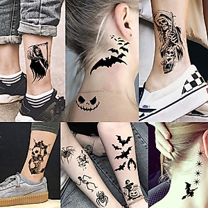 Shegazzi 52 Sheets Halloween Temporary Tattoos For Kids Boys Girls Women Men, 3D Scary Skull Skeleton Fake Tattoos Sticker For Adults, Small Ghost Vampire Bat Pumpkin Spider Temp Transfer Tatoos Devil