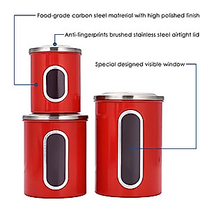 Fortune Candy Stainless Steel Canister Sets with Anti-Fingerprint Lid and Visible Window, Cereal Container Set of 3 (Raspberry Red)