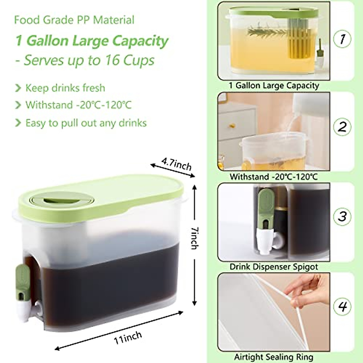 PARBEE 1 Gallon Cold Brew Coffee Maker, Iced Coffee Maker with Ultra Fine Stainless Steel Mesh Filter and Spigot, Cold Brew Pitcher & Tea Infuser, Lemonade Drink Dispenser with Infuser