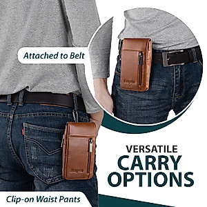 Hengwin Phone Belt Pouch fits for iPhone XR 15 14 13 12 11 Pro S23 Holster Wallet Case with Belt Clip Belt Loop Leather Cell Phone Purse Belt Bag for Men (Fits for Phone with Medium Case on) (Brown)