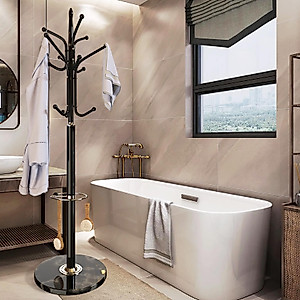 Durmmur Metal Coat Rack Freestanding, Coat Hanger Stand With Natural Marble Base, Standing Coat Rack With Umbrella Holder, Hall Tree With 12 Hooks For Clothes, Hats, Scarves, Entryway(Black)