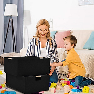 xianshengle Fabric Storage Basket for Shelves, Collapsible Storage Bins with wood Handles, Rectangle Closet Baskets, Wardrobe Organiser, for Sorting Clothes, Family Items (Black) (1)