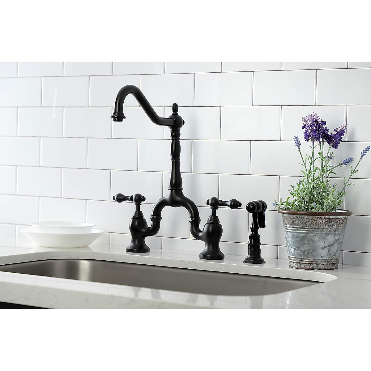 Kingston Brass KS7750ALBS English Country Bridge Kitchen Faucet, Matte Black 8 x 8.25 x 14.5