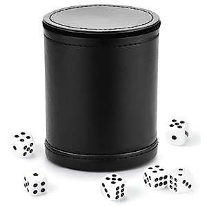 Dice Cup with Lid, PU Leather and Felt-Lined, Quiet Shaker for Yahtzee Farkle Dice Board Games, Set of Six 16mm Dice Included