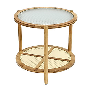 PaNeTnya 22 inch Bamboo Side Table End Table,2 Tier Round Side Table with Rattan Shelf and Glass Tabletop,Coffee Table for Living Room,Dining Room and Bedroom