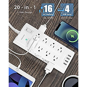 Surge Protector Power Strip 10 ft, Extension Cord with Multiple outlets, 16 Outlets Extender with 4 USB Ports, Large Power Strip with Long Cord, Wall Mountable, Flat Plug for Desktop Office Dorm Room