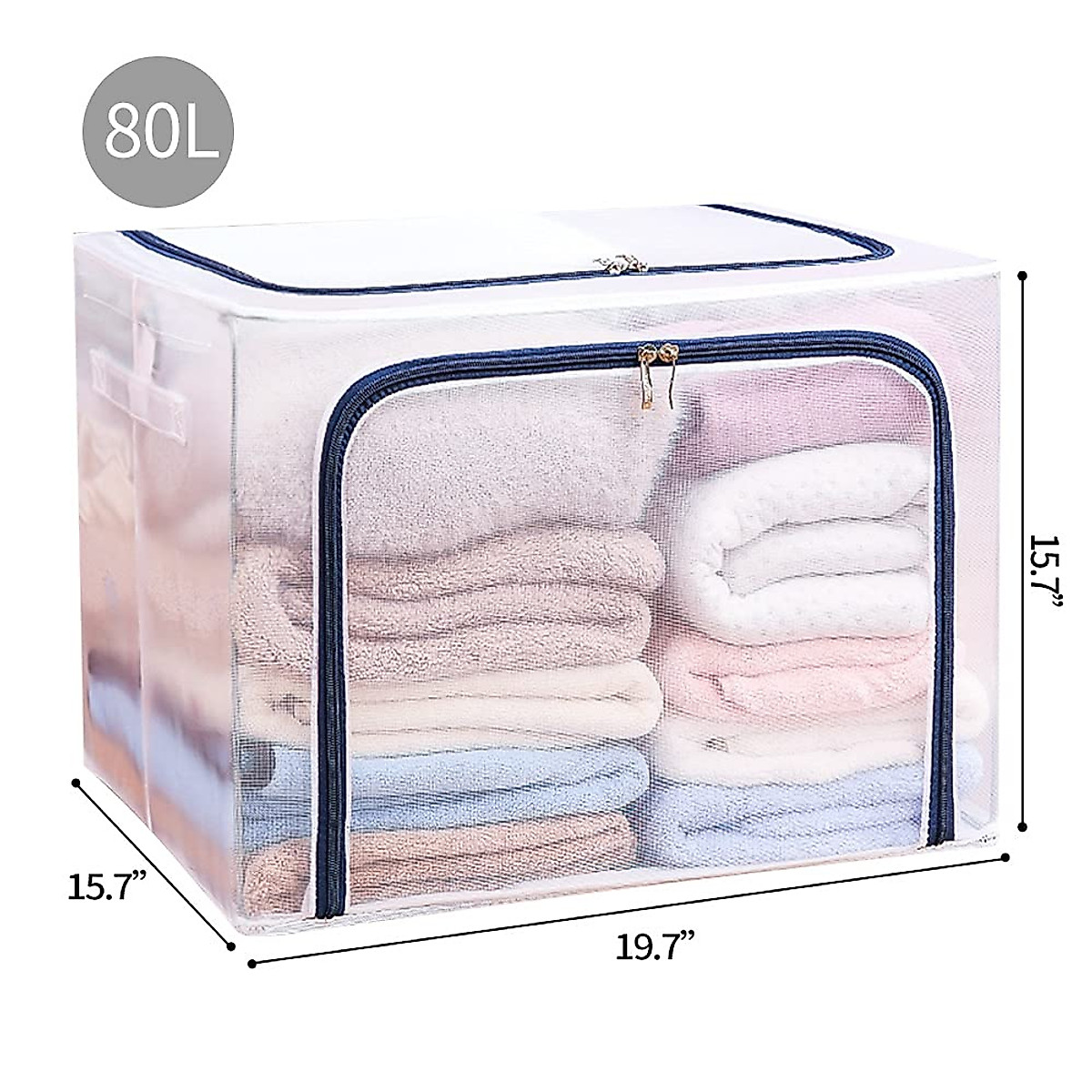 BESTUNIHOM PVC Clear Storage Box,Waterproof Storage Closet Organizers Office Storage Bins Double-way Zippers, Pack of 2 Blue 80L SNX-JWB012PBL80