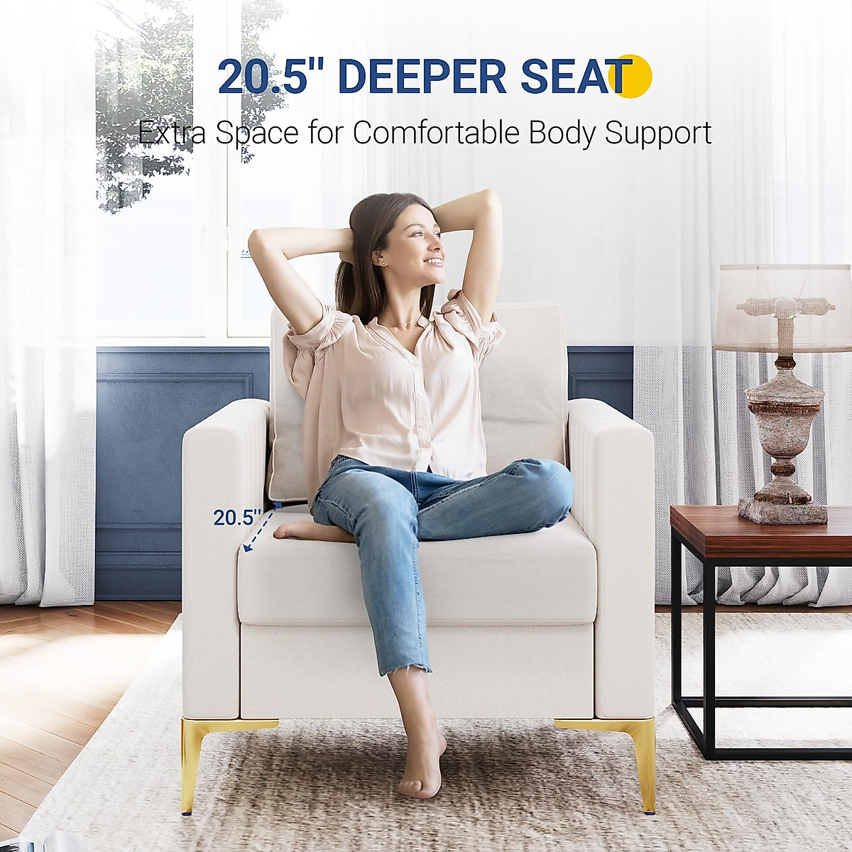 Avenco Sofa, Modern Sofa - Armchair, Accent Chairs with Extra Deep Seats, Couch for Living Room, Apartment, Room Office, Ivory