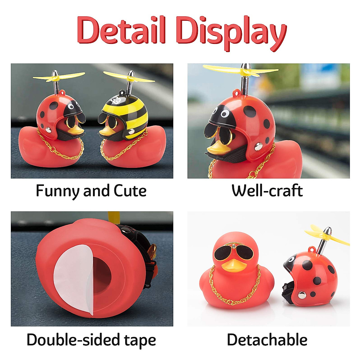 wonuu Rubber Duck Car Decoration Ornaments Duck Car Dashboard Decorations Cool Glasses Duck with Propeller Helmet (R-Beatle-Red)