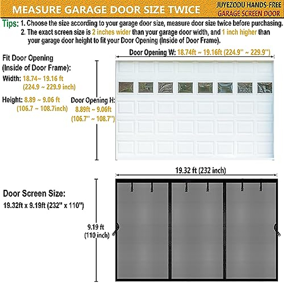Magnetic Garage Screen Door for 2 Car Garage 19x9ft, Durable Heavy Duty Fiberglass Screen Mesh, Doors Screen with Magnets for Double Garage Doors Breathable, Easy Install, Pass-Through (Black, 19x9)