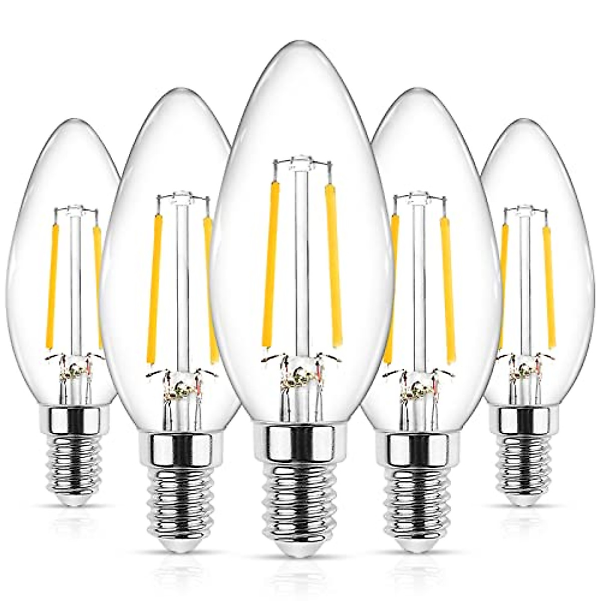 Ascher E12 LED Classic Candelabra Clear Light Bulb, 4W, Equivalent 40W, Warm White 2700K, Filament Clear Glass, Non-Dimmable, Pack of 5