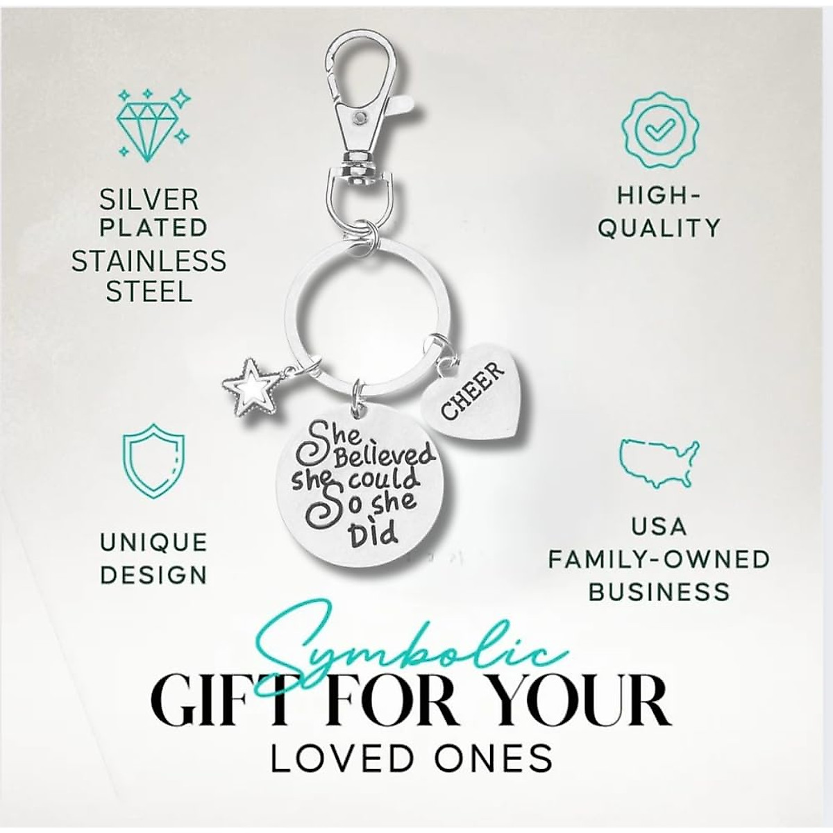 Sportybella Cheer Keychain, She Believed She Could So She Did Cheerleading Backpack Charm, Cheer Jewelry Gift for Cheerleaders and Cheer Teams