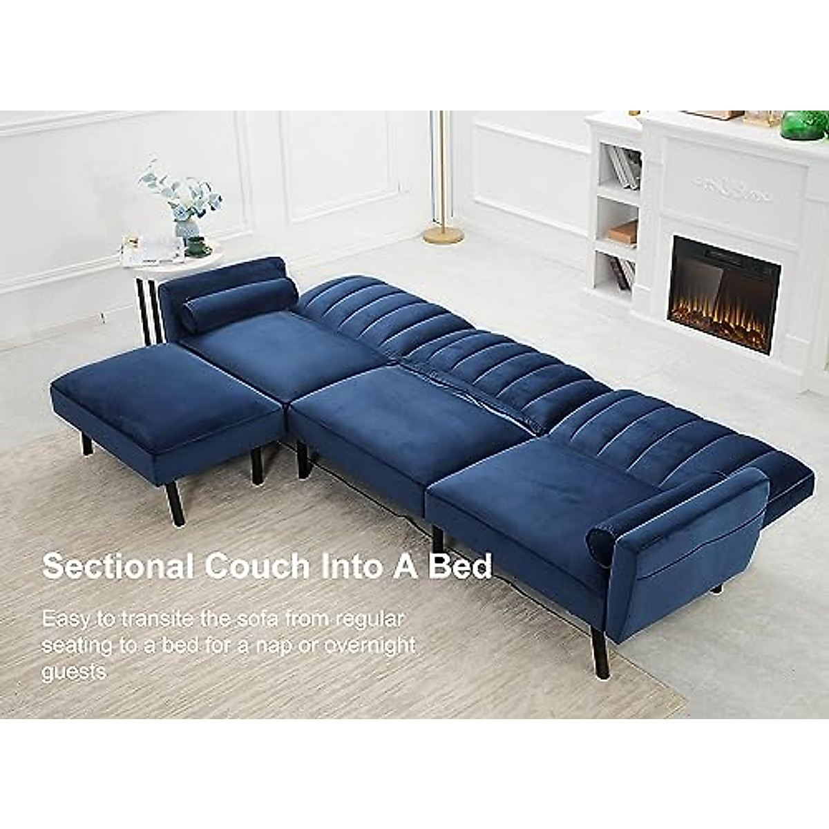DURASPACE Velvet Sectional Convertible Sofa with Chaise, 107" L Shape Sectional Sofa Couch with USB, Split Back Folding Futon Couches for Living Room (Blue)