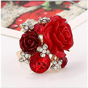 Women's Rose Gold Plated Flower Rings Colorful Crystal Statement Rings Wedding Band Engagement Ring - Red