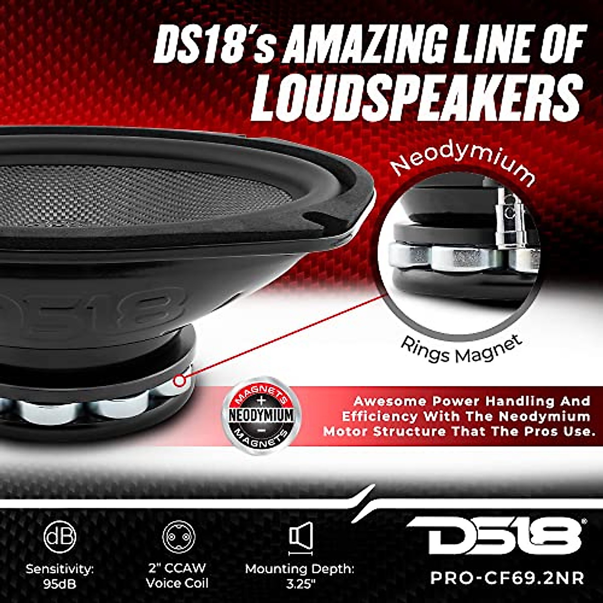 DS18 PRO-CF69.2NR 6 x 9 Inches Water Resistant Loudspeaker - Mid-Bass Carbon Fiber Cone and Neodymium Rings Magnet 600 Watts 2-Ohms - Ideal for Motorcycle & Motorsports (1 Speaker)
