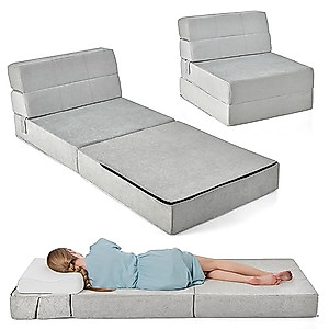 RELAX4LIFE Folding Sofa Bed Chair - 3-in-1 Convertible Couch Sleeper, Floor Futon Couch w/Removable Cover & Full Padded Foam, Fabric Guest Sleeper Chair for Living Room, Study, Apartment (Grey)