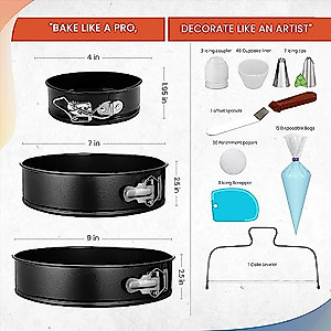 RFAQK 100pcs Cake Pan Set for Baking + Cake Decorating Supplies: 3 Round Non Stick Springform Pan Set (4, 7, 9 inches), Icing Tips, Cake Leveler – Multi-functional Leak-Proof Cheese Cake Pans & eBook