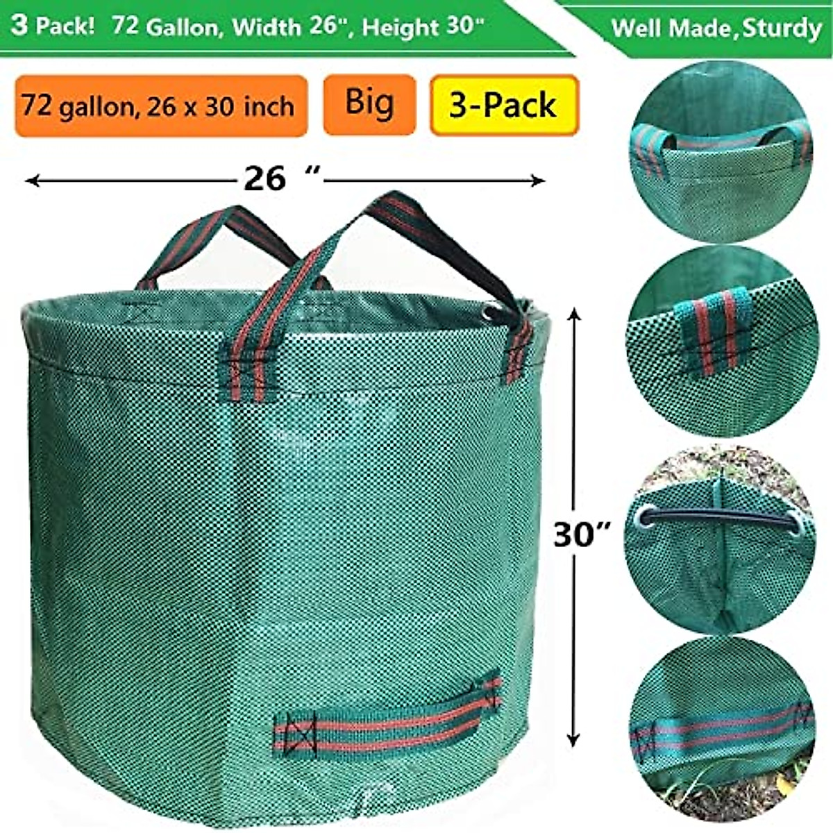 Professional 3-Pack 72 Gallons Yard Lawn Garden Bags (D26, H30 inches) with Coated Garden Gloves,Reusable Leaf Waste Bags,Patio Bags,Laundry Container,Gardening Trimmings Bag with 4 Handles