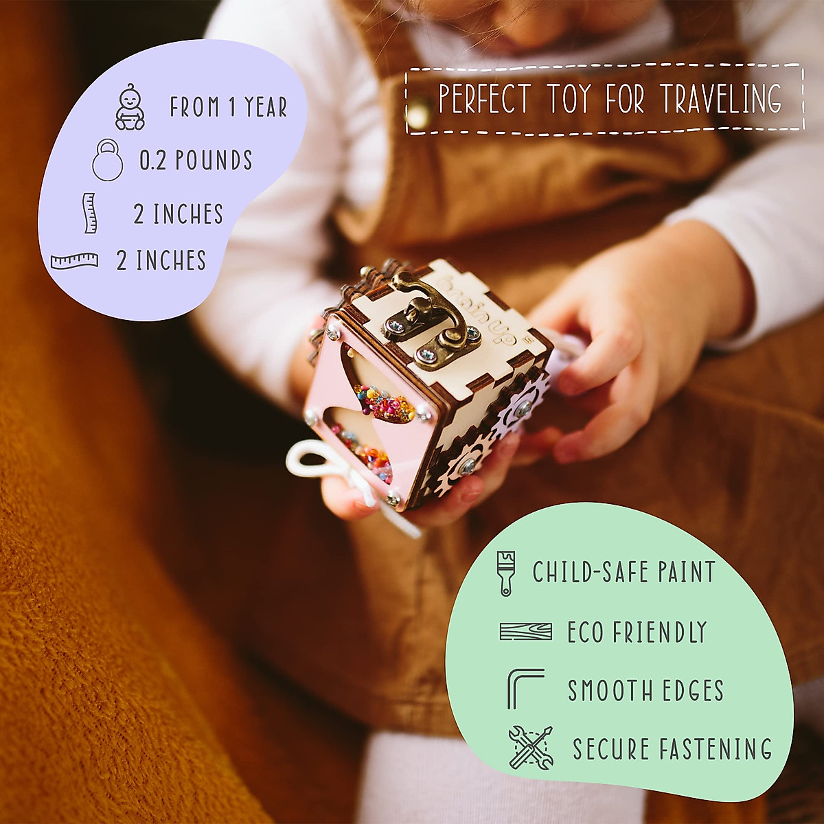 BrainUpToys Busy Activity Cube for Travel Toddlers Kids Children Baby - Busy Board – Wooden Sorter Toy - Montessori Toy - Learn to tie Shoes, Lacing - Developmental Toy - Learning Basic Life Skills