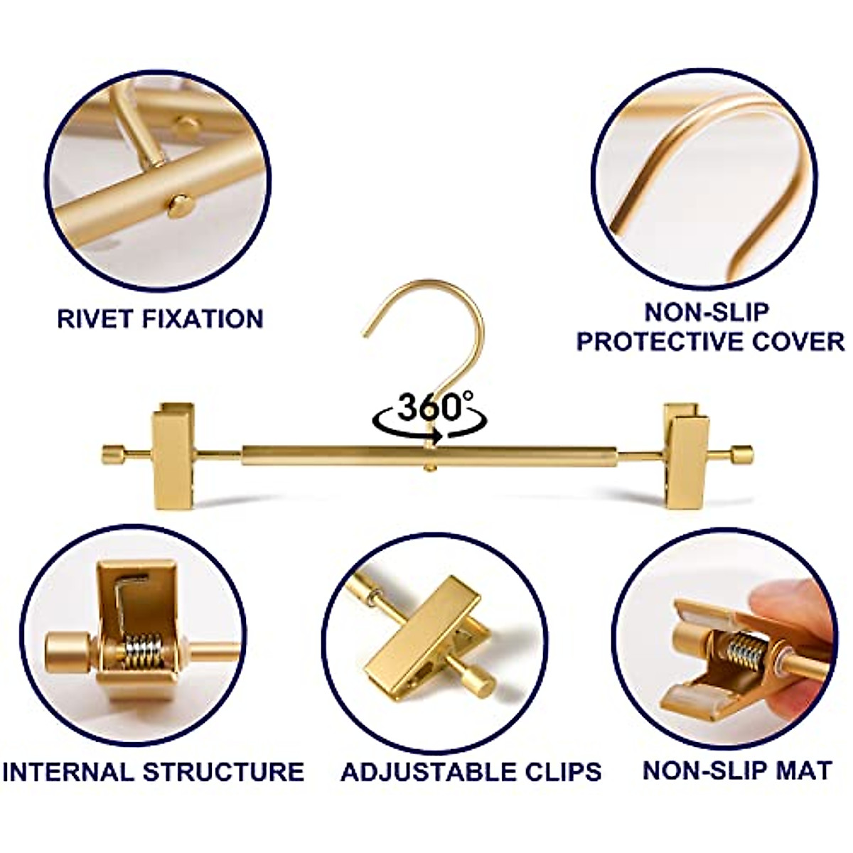 Amber Home Premium Matte Gold Aluminum Pants Hangers 10 Pack, 12.2” Extra Smooth & Durable Metal Skirt Slack Hanger, Light & Sturdy Metal Rack for Trouser with 2-Adjustable Non Slip Clips Swivel Hook