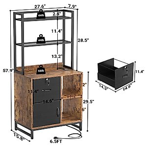 Homieasy Vertical Filing Cabinet with Lock & Charging Station, Large Drawer Wood File Cabinet with Bookshelf, Printer Stand with Open Storage Shelf, fits Letter Size for Home Office, Black and Rustic