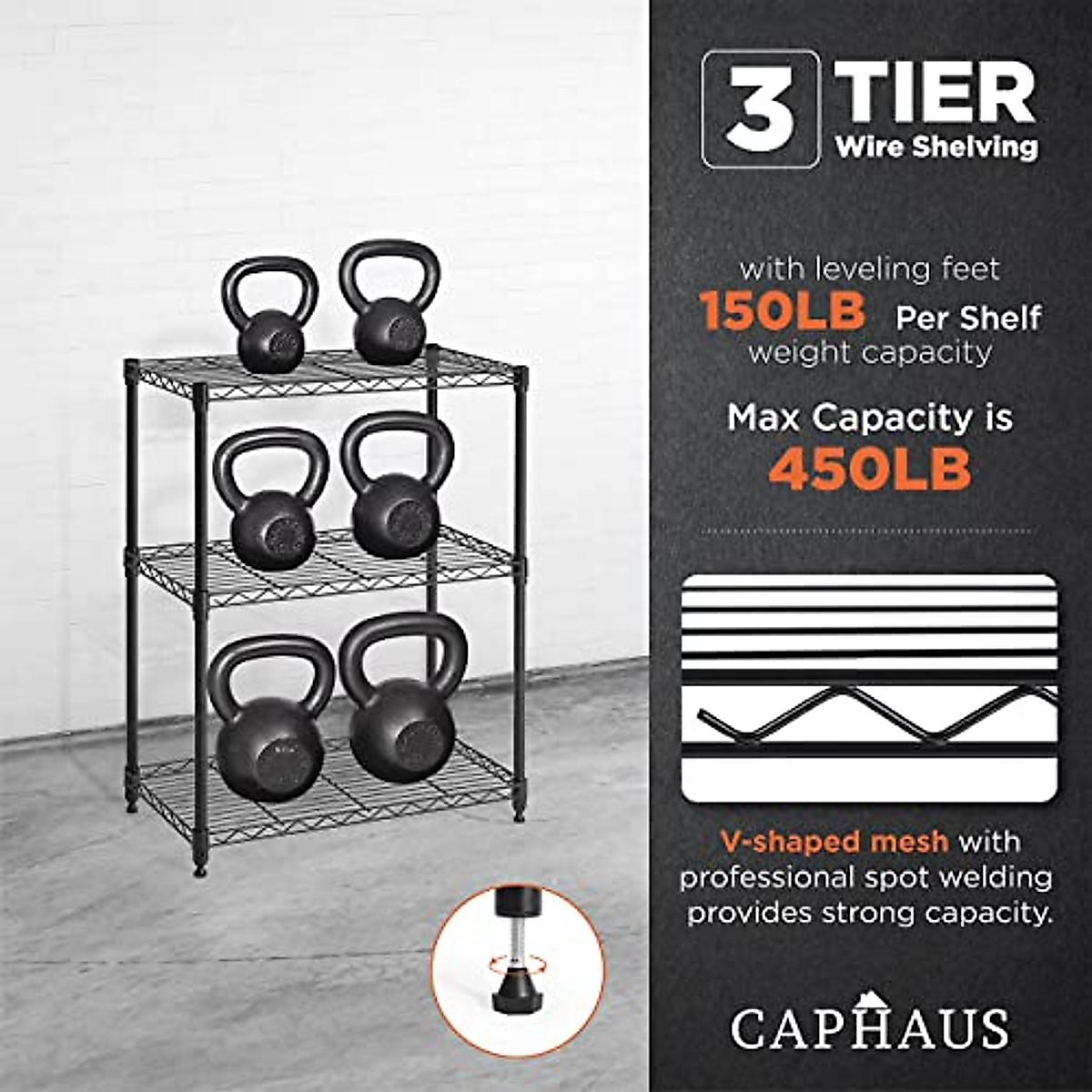 CAPHAUS Heavy-Duty Adjustable Height Wire Shelving Unit, Wire Rack Shelving, Metal Steel Storage Shelves, Garage Shelving Storage Organizer, Utility Storage Shelf, 24Wx14Dx30H 3-Tier No Wheels, Black
