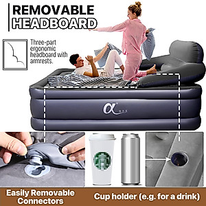 A-ER-FA Queen Air Mattress with Headboard and Cup Holder, Comfort Blow Up Mattress, Inflatable Mattress for Guests and Home, Colchon Inflable, Air Bed