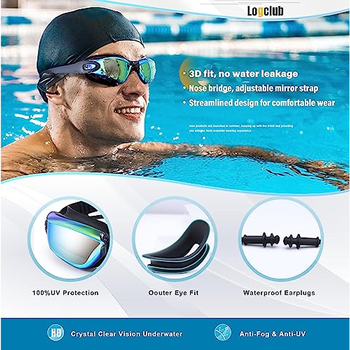logclub Swim Goggles for Men Women - Adult Swimming Goggles Anti Fog UV Protection No Leak with Ear Plugs
