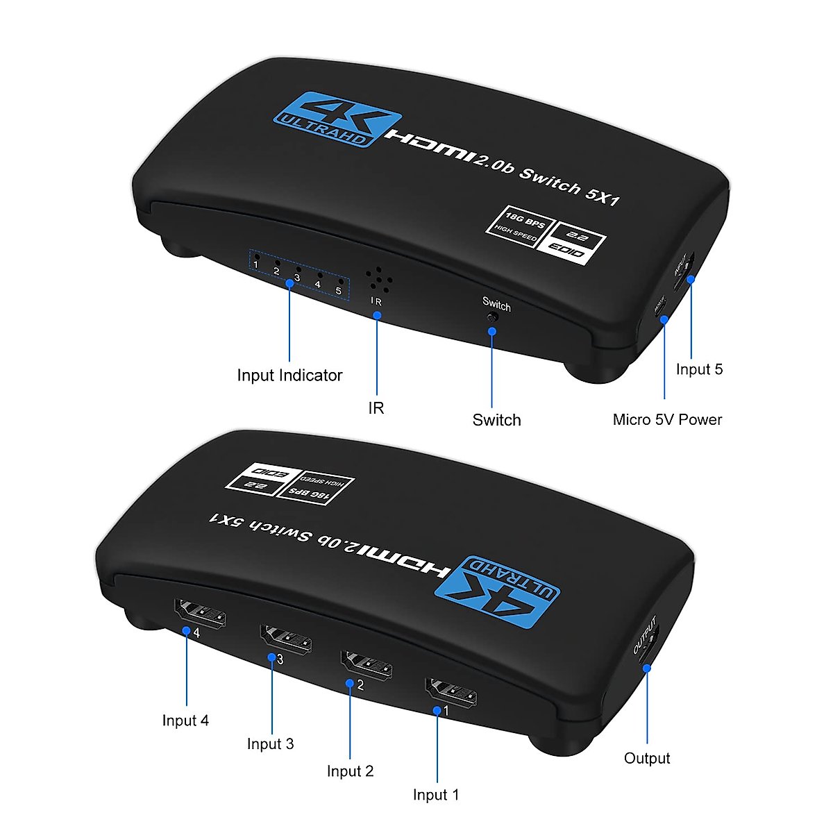 HDMI Switch 4K 60hz, 5 Port HDMI Switcher with Remote, Koopman HDMI Splitter 5 in 1 out Supports HDMI 2.0 HDCP 2.2 HDR10 3D, HDMI Selector Hub Compatible with FireStick, Roku, PS4, Xbox, Apple TV