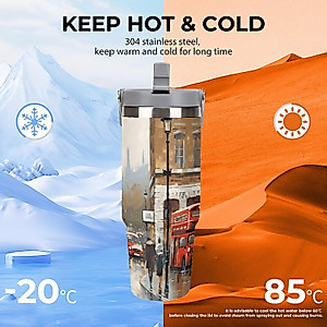 London Impression 30oz Stainless Steel Insulated Tumbler with Straw & Foldable Handle - Leakproof, Double-Wall Vacuum Travel Thermos for Hot/Cold Drinks, Non-Slip Base, Fit Cup Holders