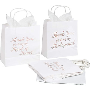 Juvale 11 Bridesmaid and 1 Maid of Honor Thank You Paper Gift Bag, Rose Gold Foil Text, Includes 20 Sheets of Tissue Paper, Perfect for Bridal Party Favors, White, 9 x 8 x 4 Inches