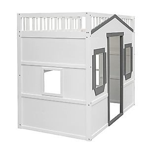 Harper & Bright Designs House Loft Bed Full Size Kids Playhouse Bed, Solid Wood Loft Bed Frame with Window and Ladder, for Girls Boys (Full Size, White+Gray)