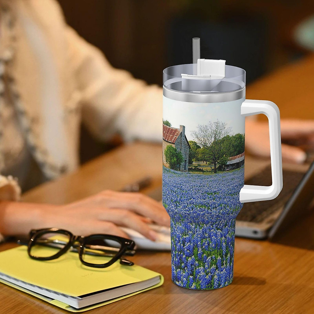 furenan Bluebonnets 40oz Tumbler With Handle And Straw Lid Stainless Steel Double Wall Vacuum Insulated Tumbler Travel Mug Straw Covers Cup For Water Iced Tea Or Coffee