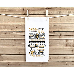 Honey Bee Kitchen Towels with Hanging Loop - Set of 5 100% Cotton Flour Sack Hand Towels - Home Decor Housewarming Hostess Mother's Day Gift for Bee Lover