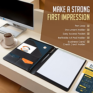 STYLIO Padfolio Portfolio Folder Binder – Interview Resume Legal Document Organizer & Business Card Holder – w/ Letter-Sized Writing Pad - Handsome Piano Noir Faux Leather Matte Finish & Accent Stitch