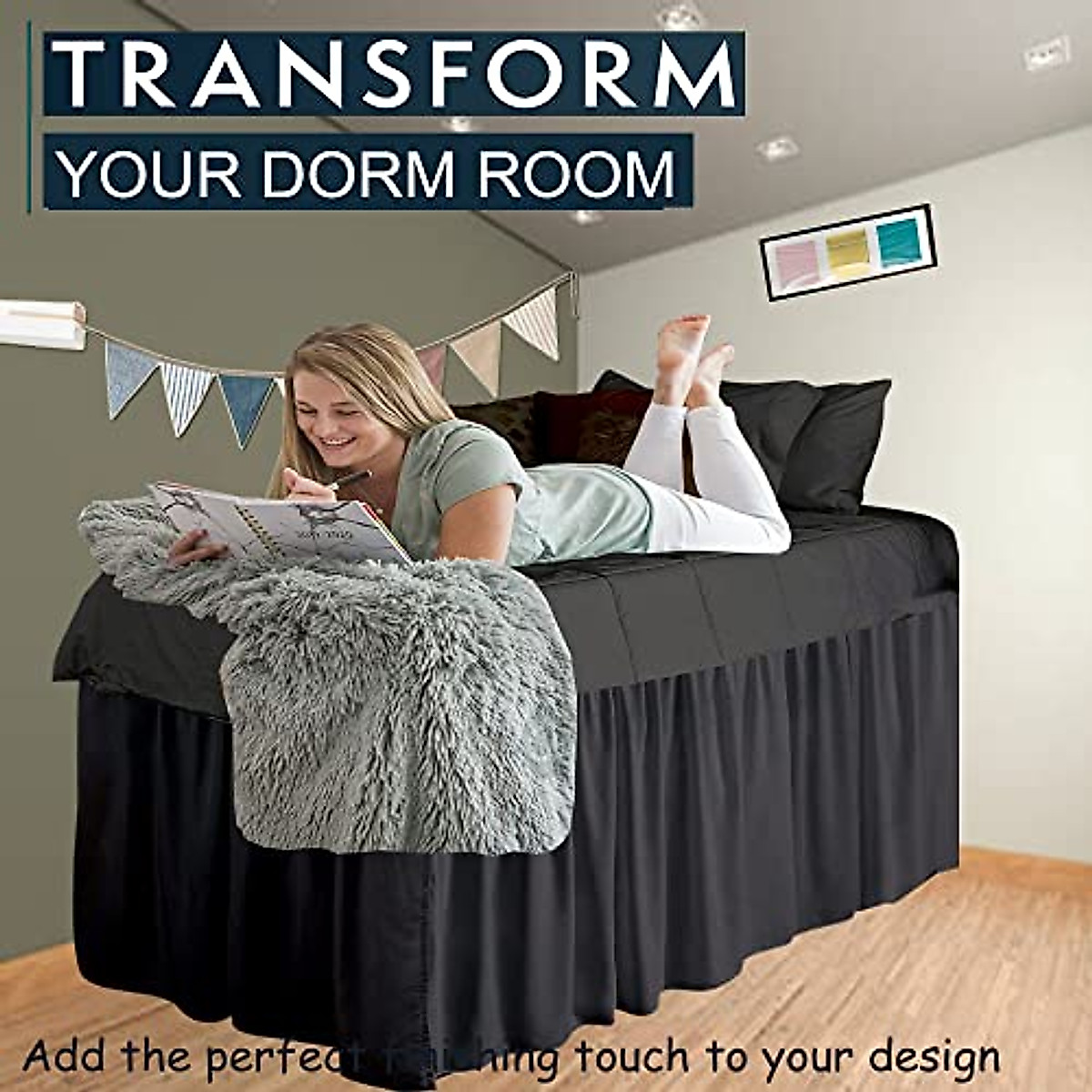 Ruffled Dorm Sized Bed Skirt for Dorm Beds - Three Sided Wrap Around Elastic Bedskirts- Dust Ruffled Bed Skirts 56 inch Tailored Drop - Dark Grey Dorm Room Bedskirts - College Dorm Bed Skirt