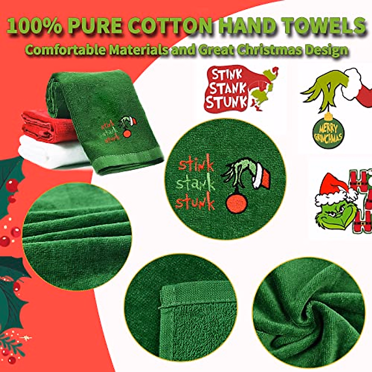 Large Size Grinch Christmas Hand Towels 16" x 27", 100% Pure Cotton Bathroom Decorative Grinch Towels Washcloths Kitchen Merry Grinchmas Towels Stink Stank Stunk Perfect Christmas Decor, Pack of 3