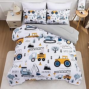NTBED 5 Pieces Construction Truck Full Comforter Set for Boys Kids Forest Vehicles Excavator Lightweight Microfiber Bedding Sets