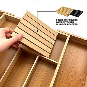 ZROOY Expandable Bamboo Silverware Organizer Drawer for Utensils Holder, 8 Compartments for Drawer Tray with Grooved Drawer Dividers,Removable Knife Block(Natural)