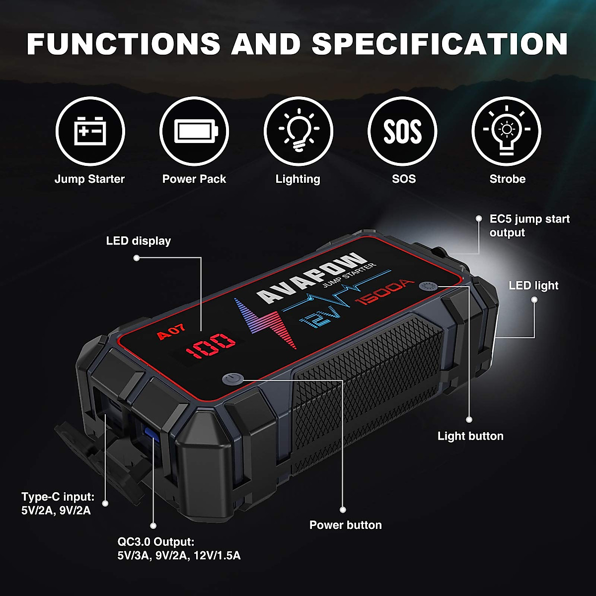 AVAPOW A07 Jump Starter 1500A with AVAPOW Wall Charger 18w for Jump Starter Charging or Phone Charging