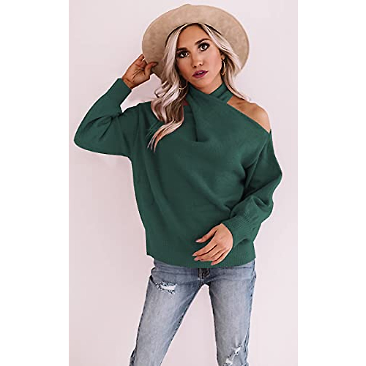 Angashion Women's Sweaters Casual Off Shoulder Tops Crossed V- Neck Long Sleeve Crop Halter Pullover Dark Green Medium